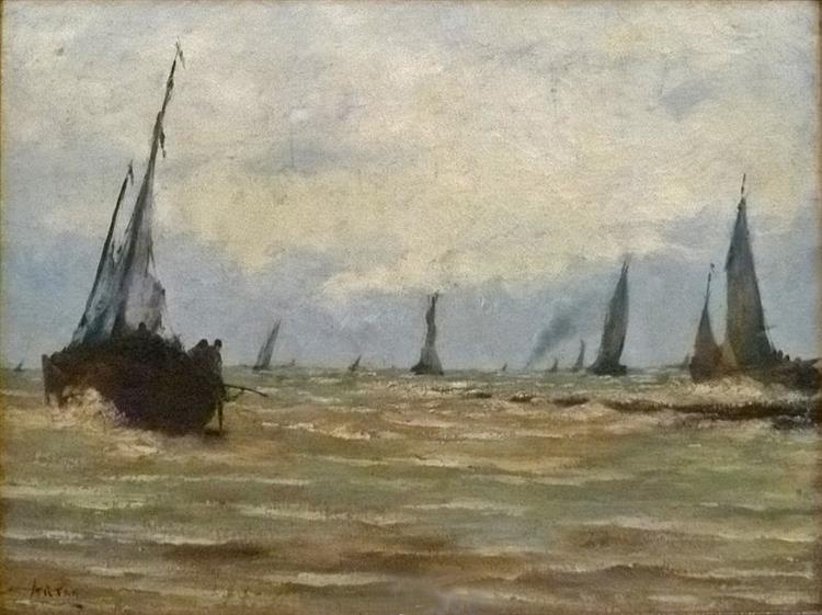 Marine met vissersbootjes, 1890 - Louis Artan - WikiArt.org